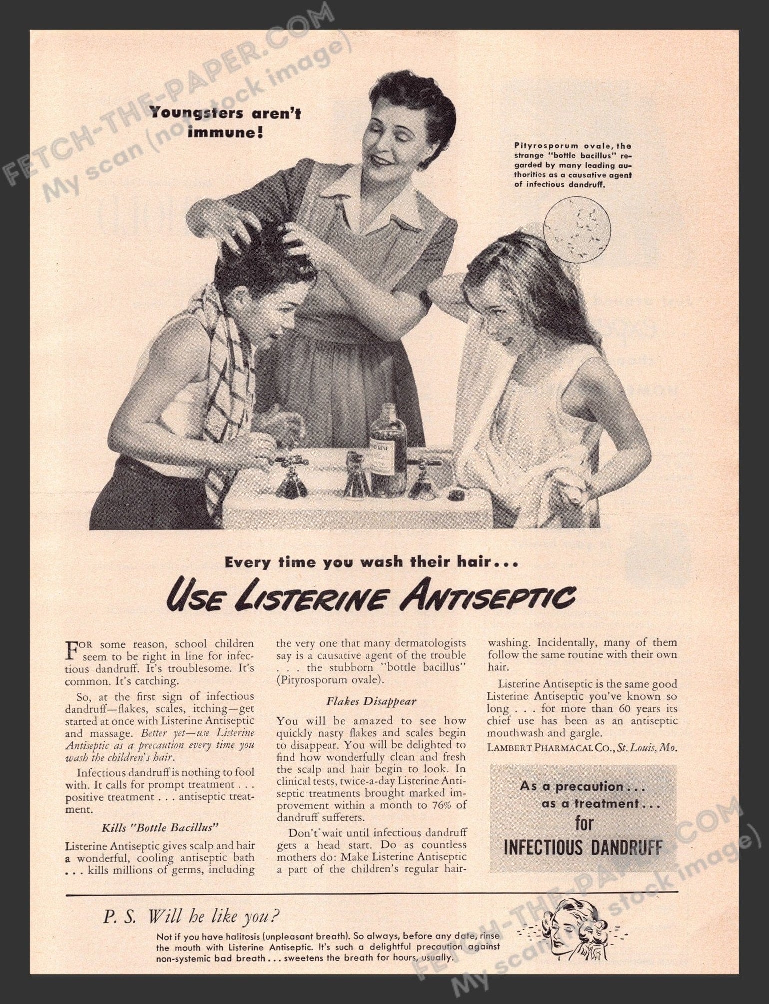 Listerine for Dandruff Quackery 1940s Print Advertisement — Fetch-the-Paper