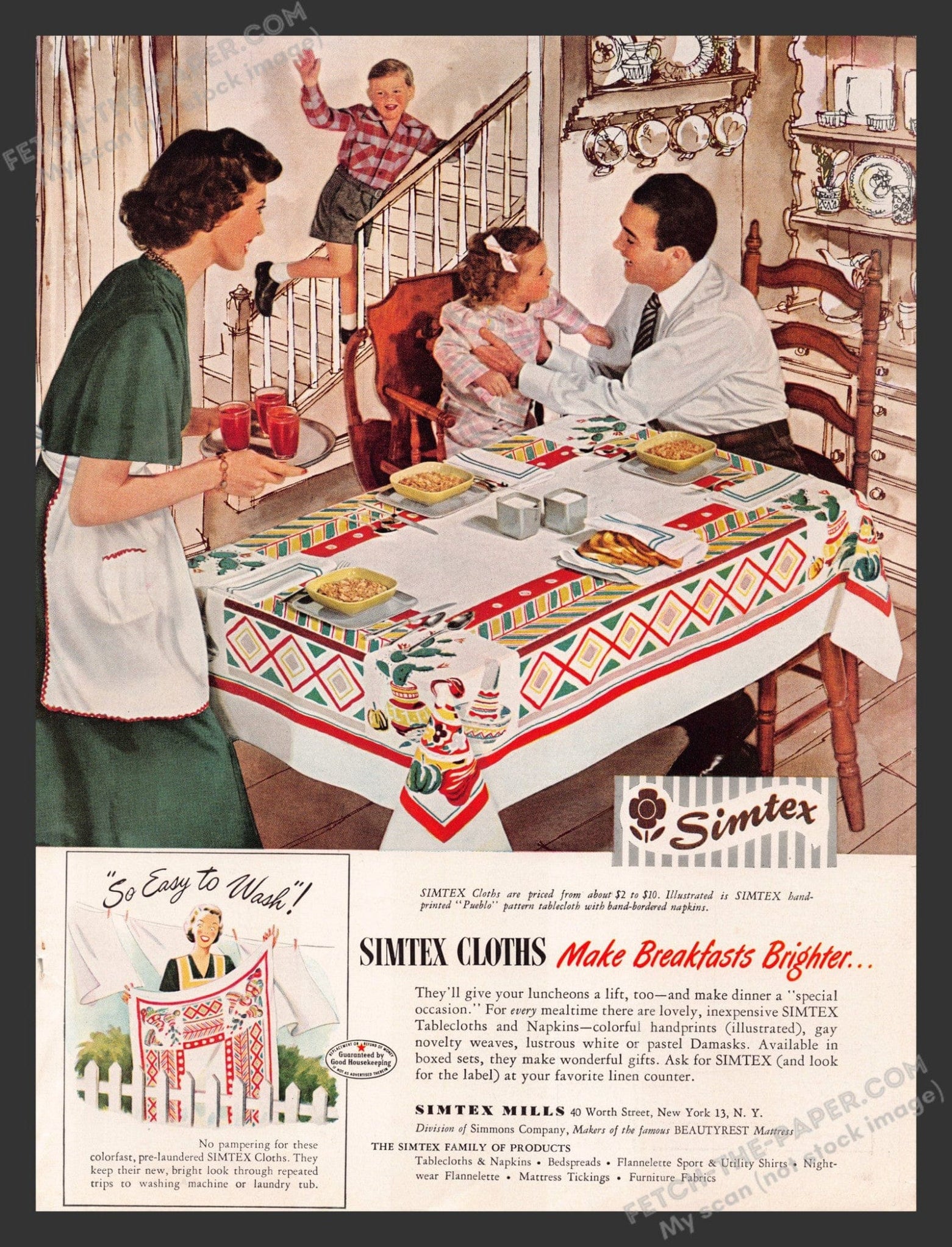 Simtex Cloths 1940s Pueblo Design Print Ad - Family Breakfast Scene ...