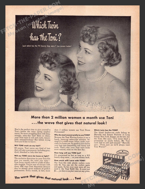 Toni Home Permanent Hair Twins 1940s Print Advertisement — Fetch-the-Paper