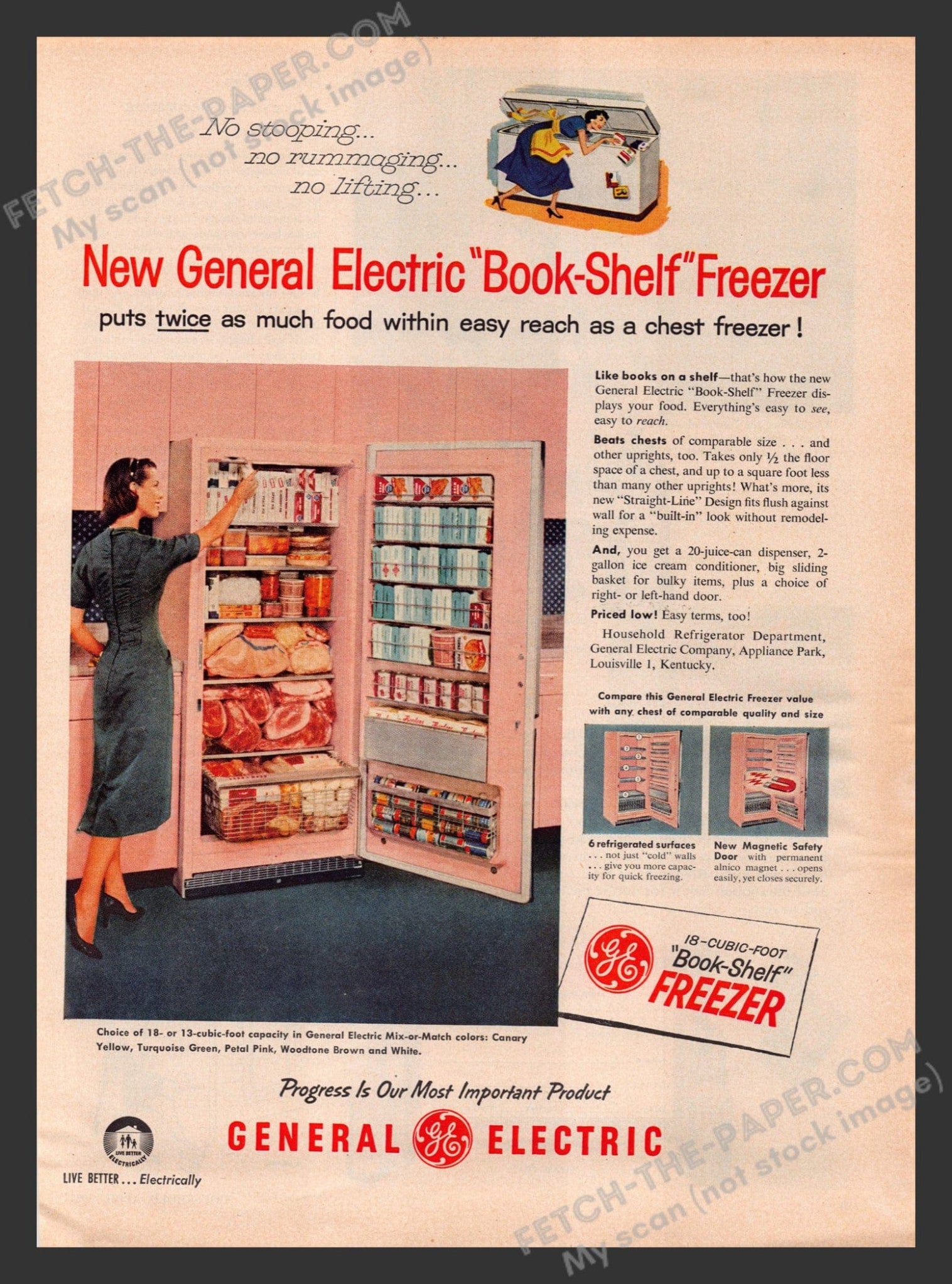 G.E. "Book Shelf" Freezer 1950s Print Advertisement — Fetch-the-Paper