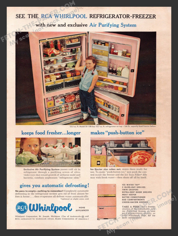 Vintage 1957 RCA Whirlpool Refrigerator-Freezer Print Ad — Fetch-the-Paper