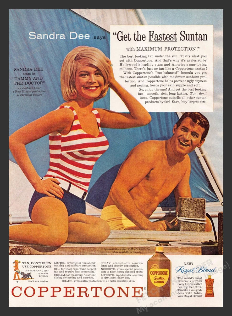 Coppertone Suntan Lotion Sandra Dee 1960s Print Advertisement Ad 1963 — Fetch-the-Paper