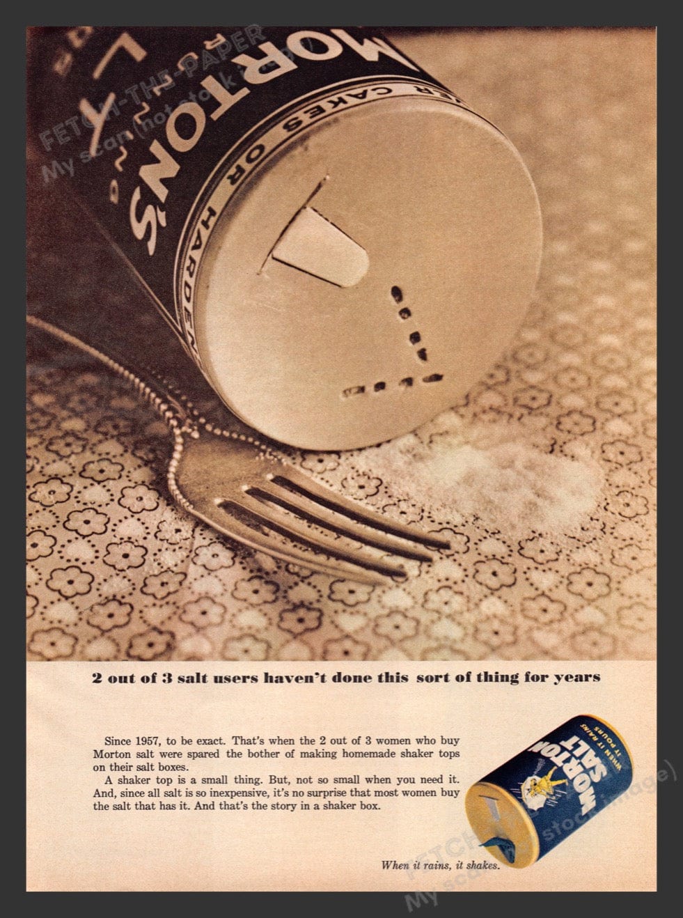 Vintage 1965 Morton Salt Shaker Top Print Ad - 8"x11" — Fetch-the-Paper