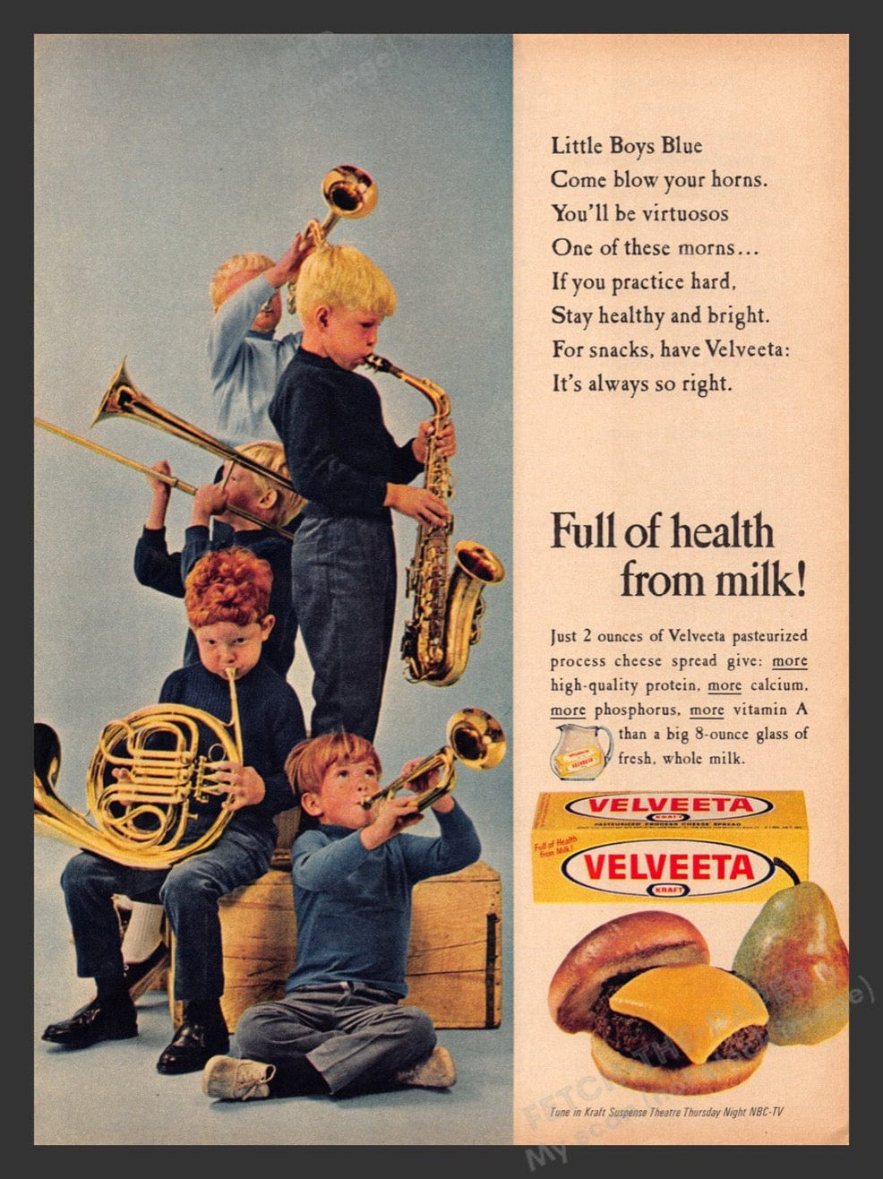 Velveeta Cheese 1965 Kids Jazz Band Vintage Print Ad — Fetch-the-Paper