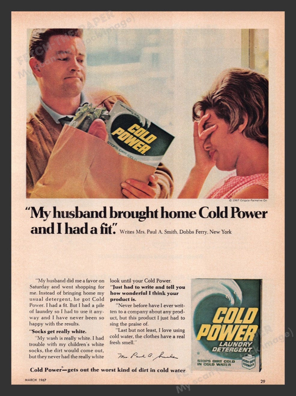 Cold Power Laundry Detergent 1967 Vintage Print Ad 8"x11" — Fetch-the-Paper
