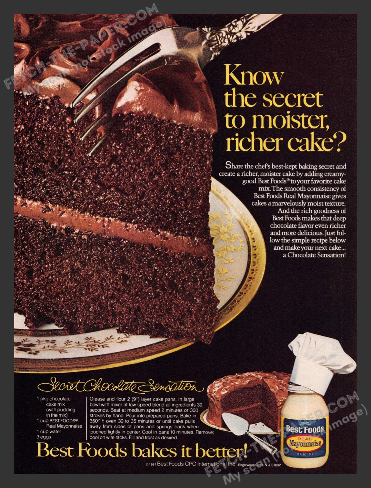 Vintage 1983 Best Foods Mayonnaise Chocolate Cake Ad — Fetch-the-Paper