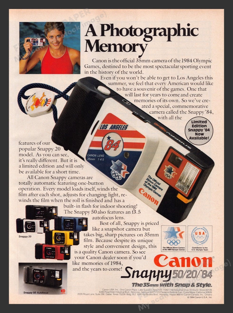 1984 Cannon Snappy 50/20/'84 Camera Olympic Games L.A. Print Advertise ...