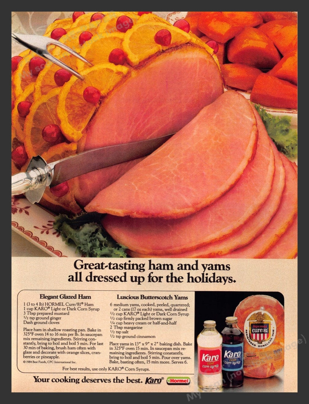 1984 Hormel & Karo "Elegant Glazed Ham" Recipe Print Advertisement Ad ...