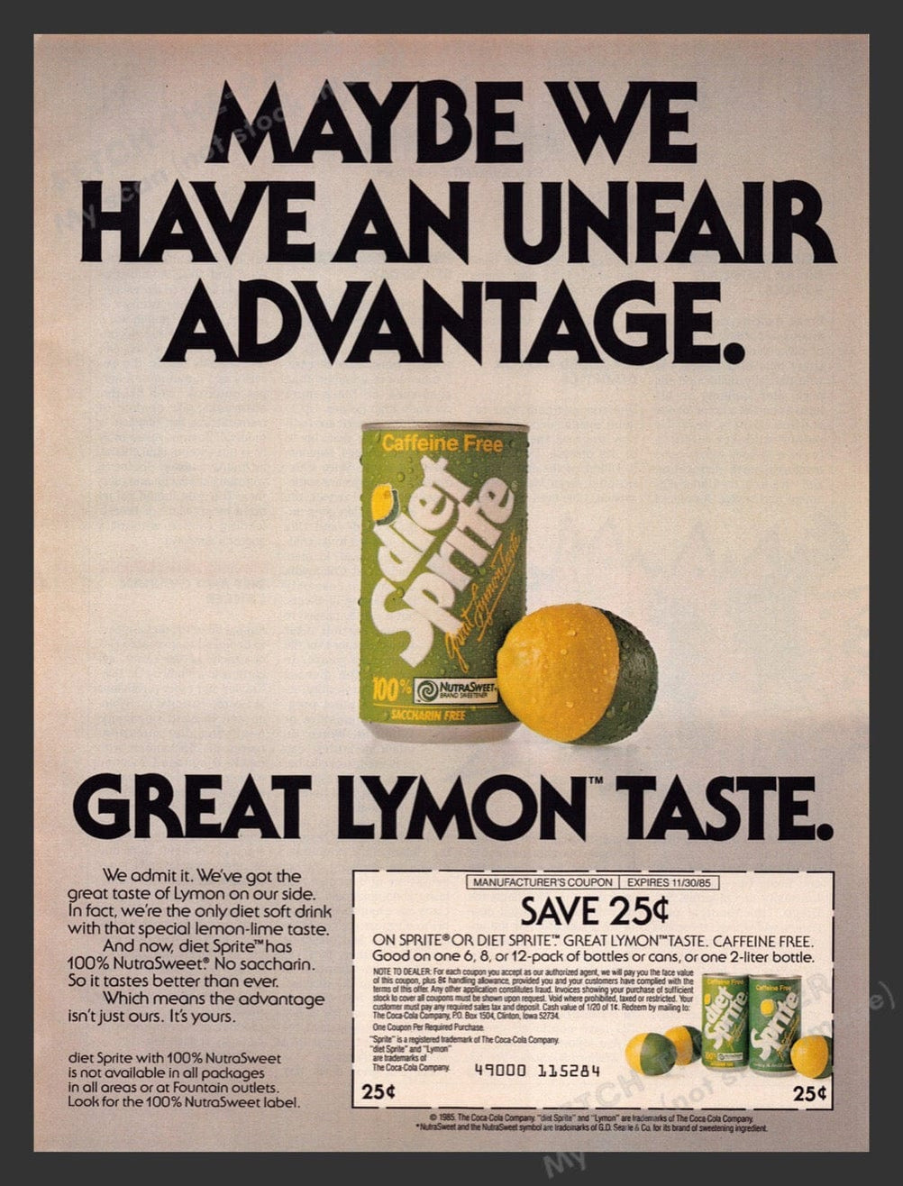 Caffeine Free Diet Sprite Soda 1985 Vintage Print Ad — Fetch-the-Paper