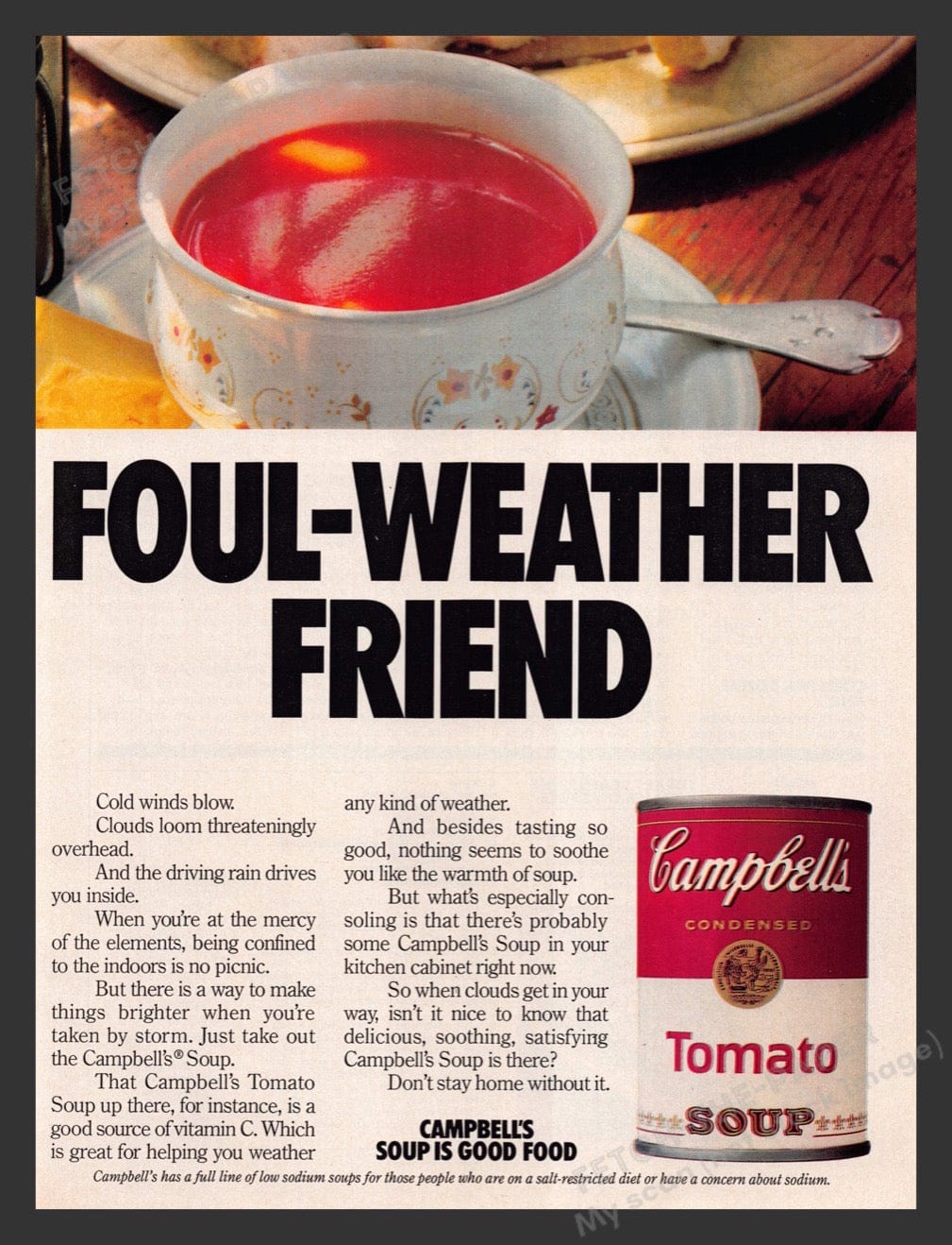 1985 Campbell's Tomato Soup "Foul-weather friend" Print Advertisement ...