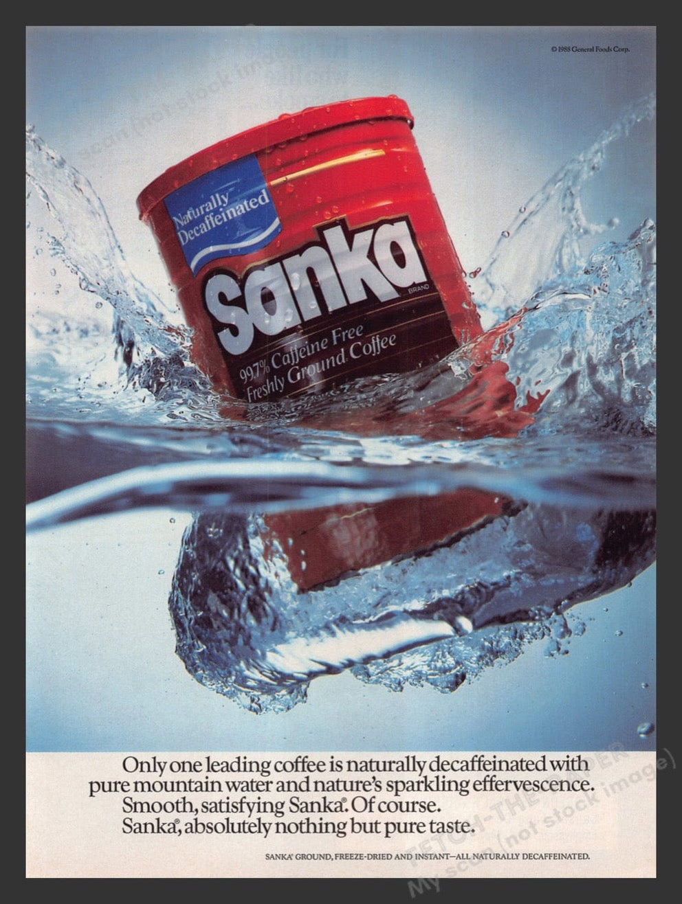 1988 Sanka Ground Coffee Pure Mountain Water Ad Print — Fetch-the-Paper