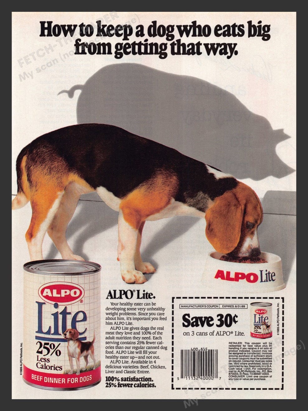 Vintage 1989 Alpo Lite Dog Food Beagle Print Ad - 8"x11" — Fetch-the-Paper