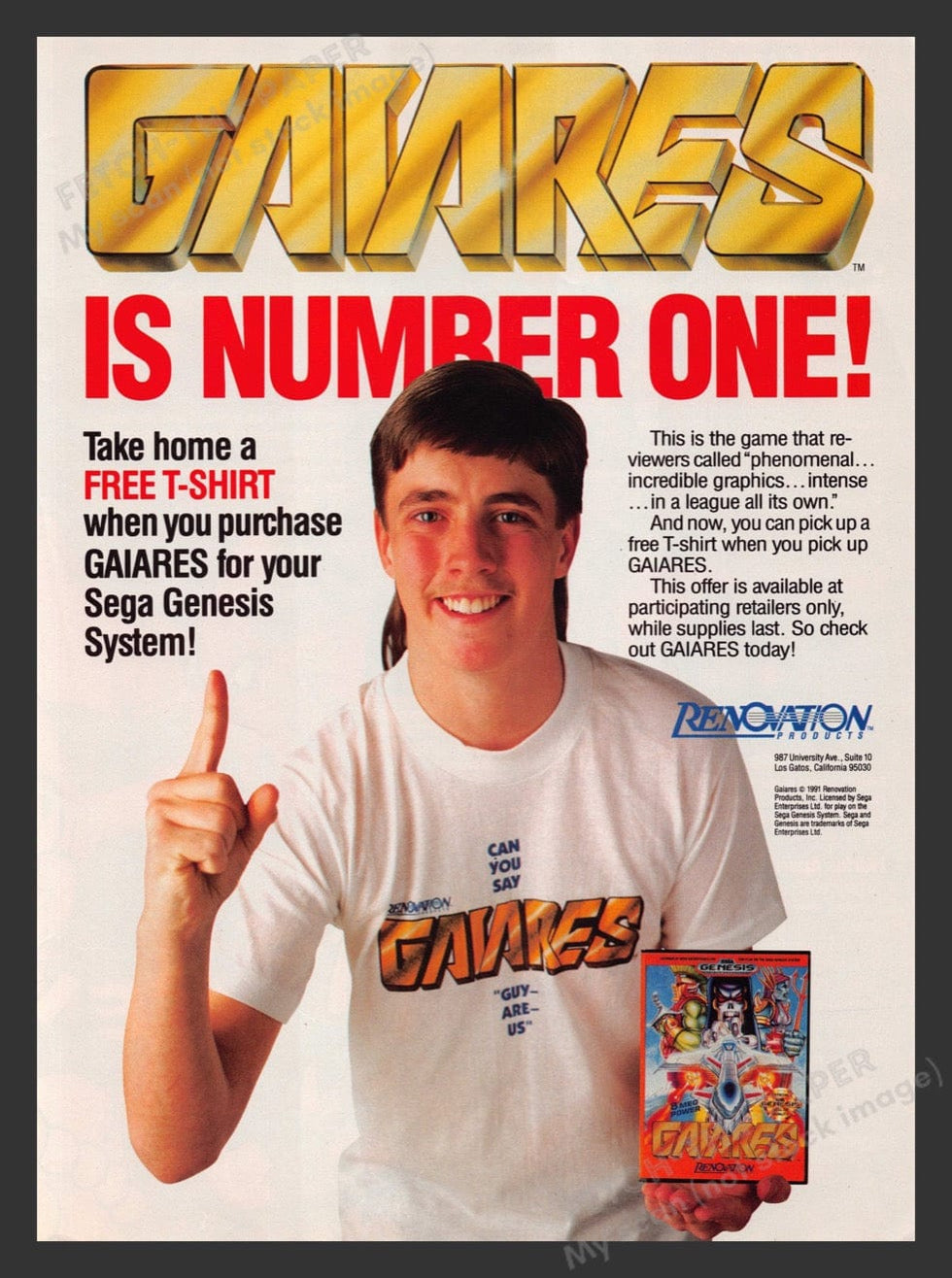 1991 Gaiares Boy with Mullet Haircut Video Game Print Advertisement — Fetch-the-Paper