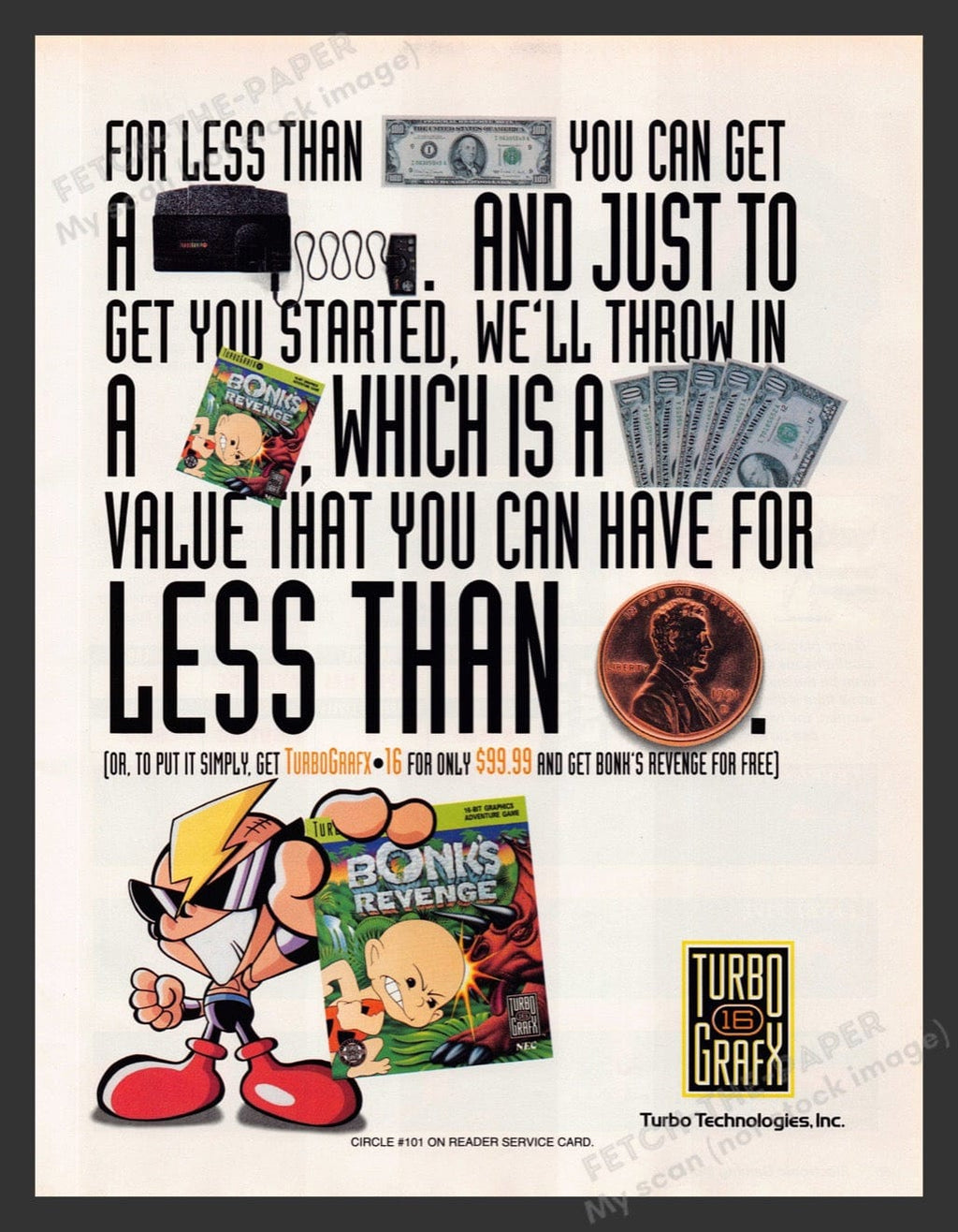 1992 Bonk's Revenge Video Game Print Advertisement — Fetch-the-Paper