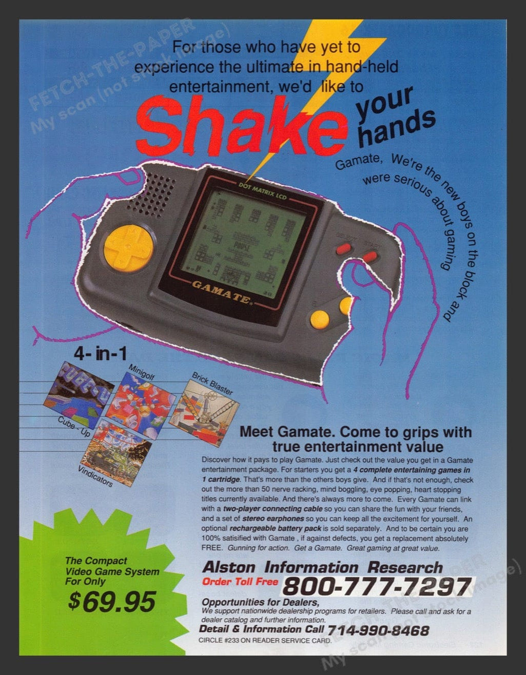 1992 Gamate Dot Matrix LCD Video Game Print Advertisement — Fetch-the-Paper