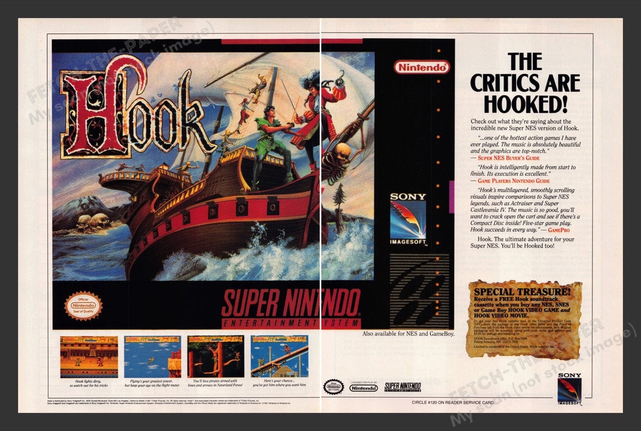 1992 Hook Peter Pan Video Game Print Advertisement (2 Pages) — Fetch-the-Paper