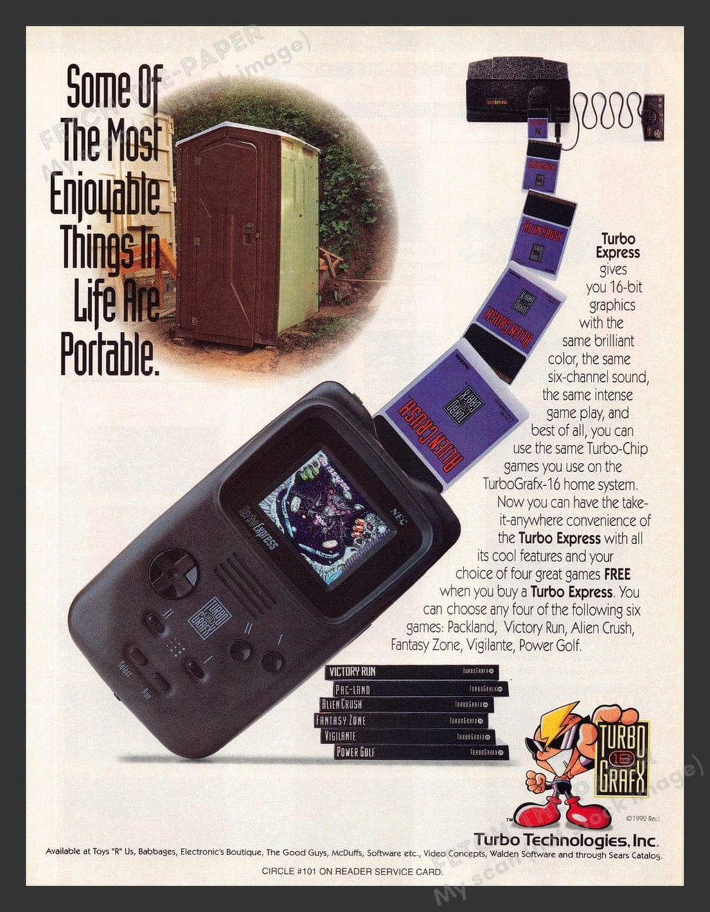 1992 Turbo GrafX 16 Porta-Potty Video Game Print Advertisement — Fetch-the-Paper