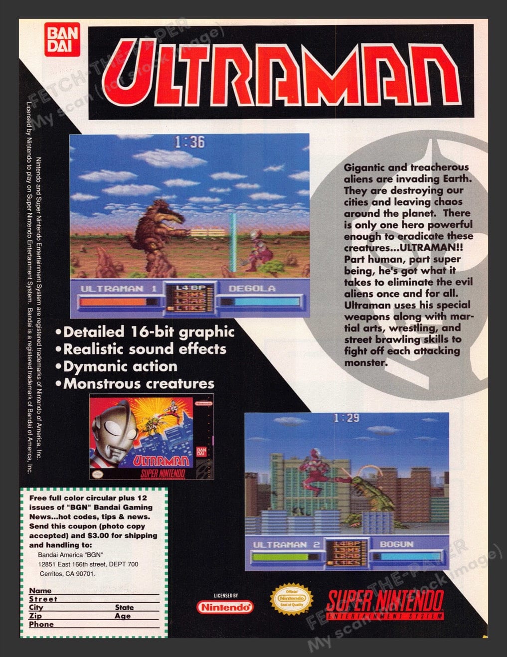 1992 Ultraman Ban Dai Video Game Print Advertisement — Fetch-the-Paper