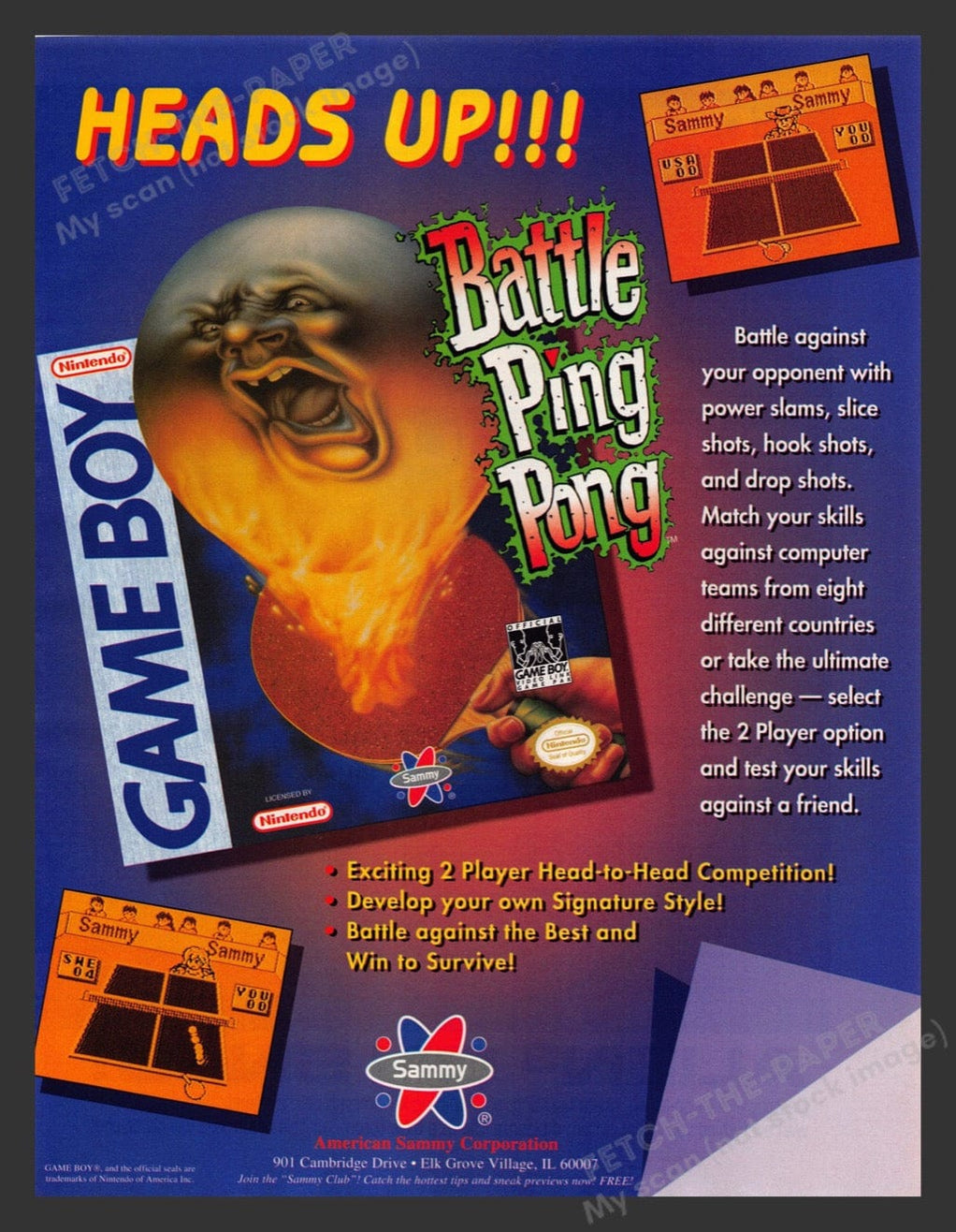 1993 Battle Ping Pong "Heads Up!" Video Game Print Advertisement ...