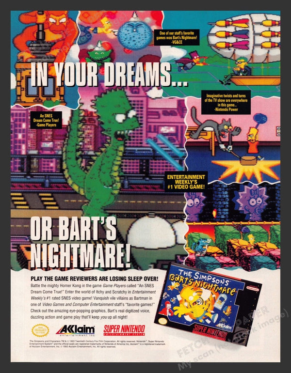 1993 The Simpson's Bart's Nightmare Video Game Print Advertisement ...