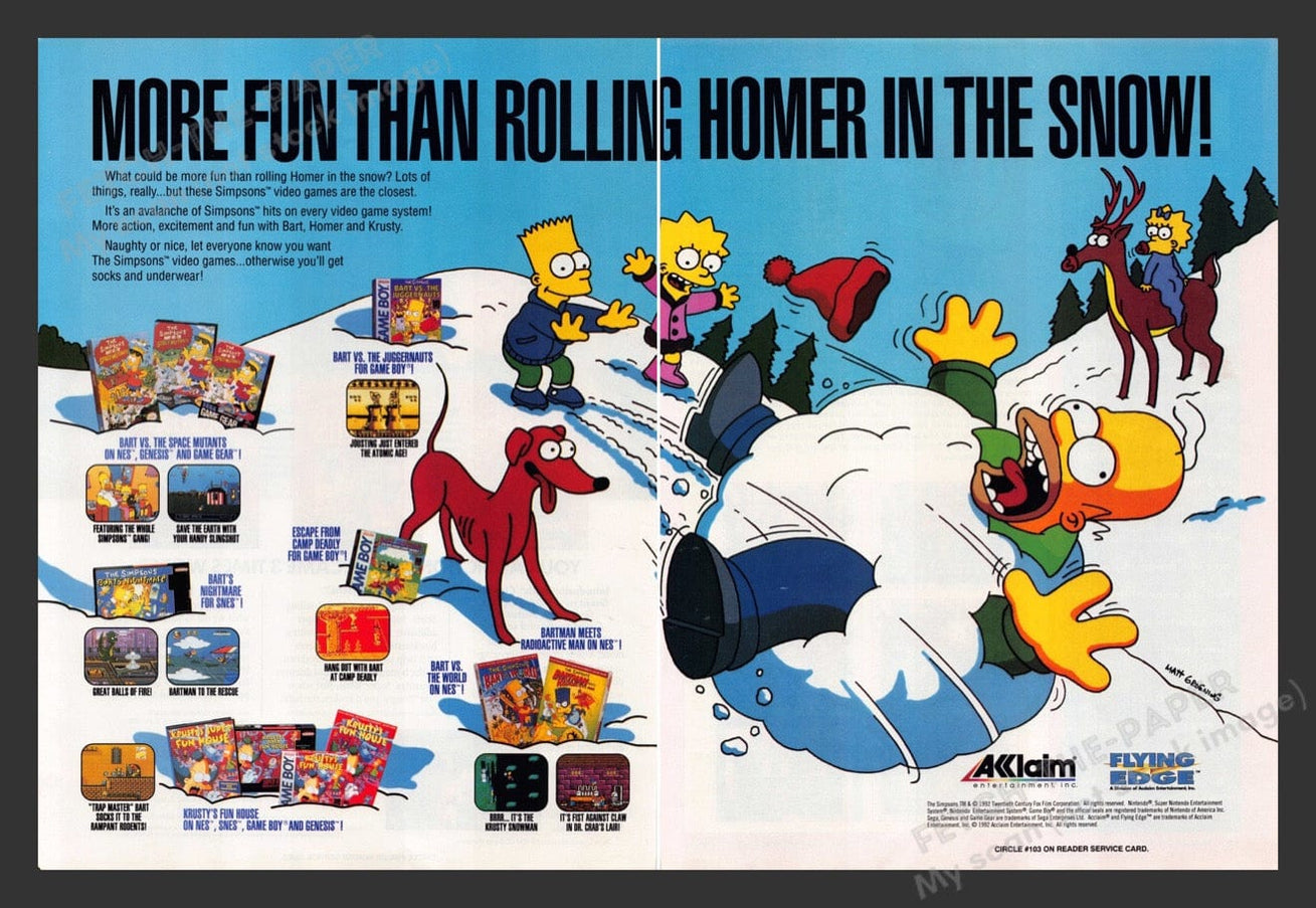 1993 The Simpsons Assortment Snow Video Game Print Advertisement (2 pg ...