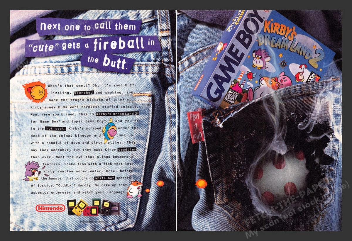 1995 Kirby's Dream Land 2 Hole in Jeans Video Game Print Advertisement — Fetch-the-Paper