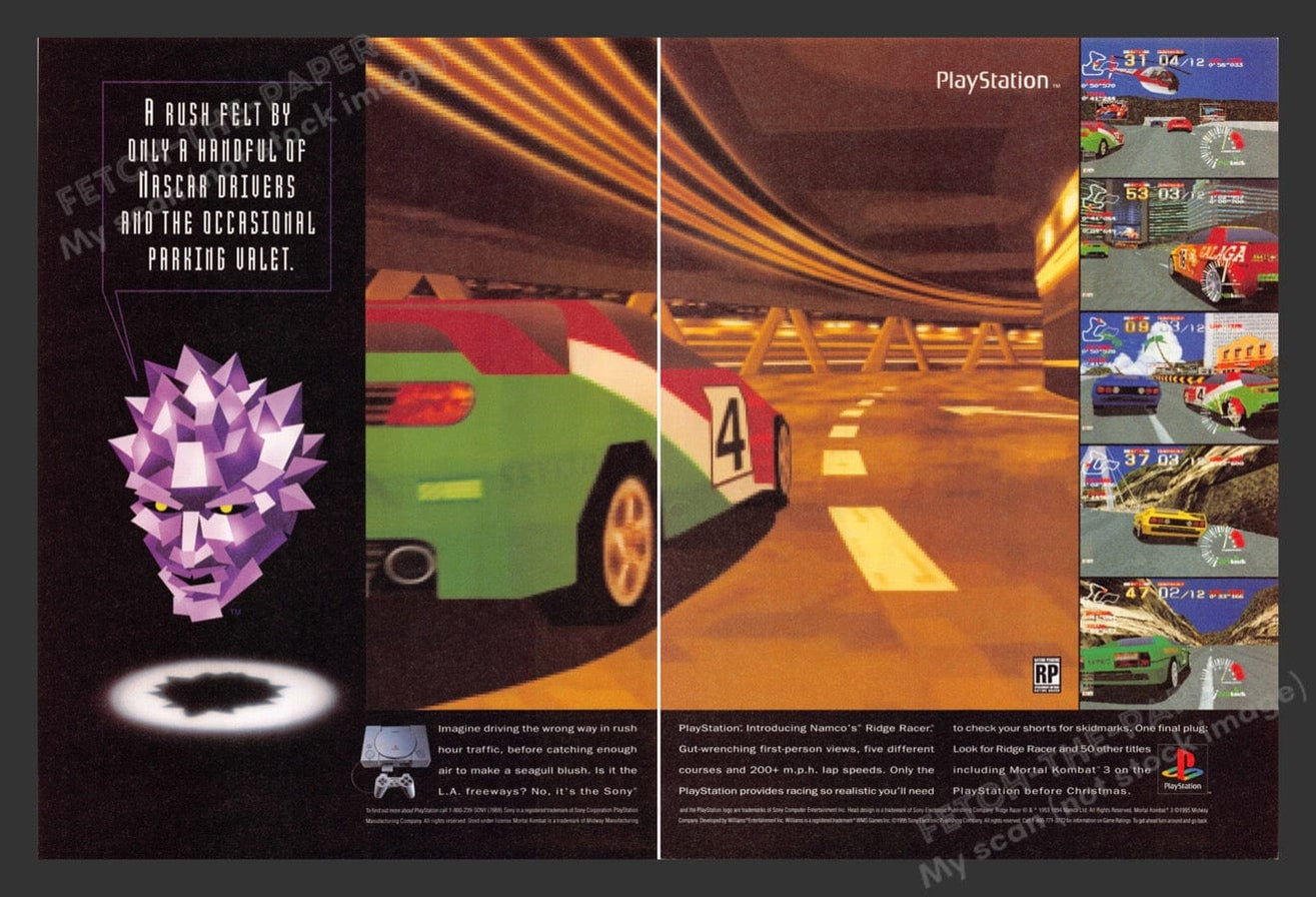 1995 PlayStation Ridge Racer Video Game Print Advertisement (2 Pgs) — Fetch-the-Paper