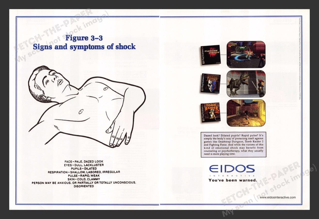 1997 Eidos "Signs and Symptoms of Shock" Print Advertisement (2 Pages) — Fetch-the-Paper