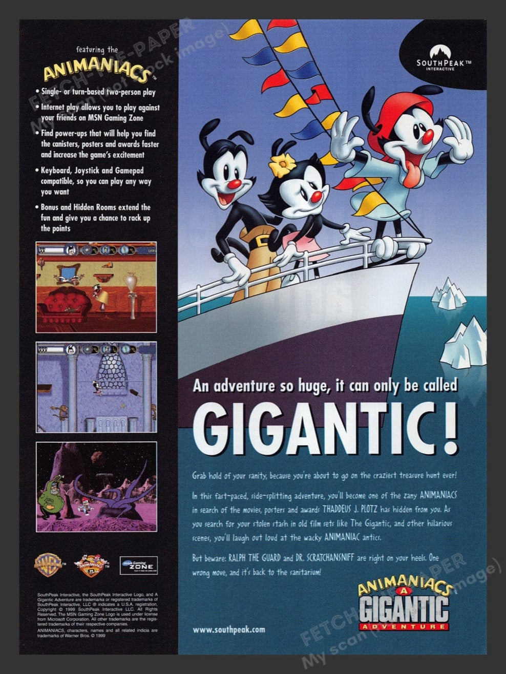 1999 Animaniacs: A Gigantic Adventure Video Game Print Advertisement — Fetch-the-Paper
