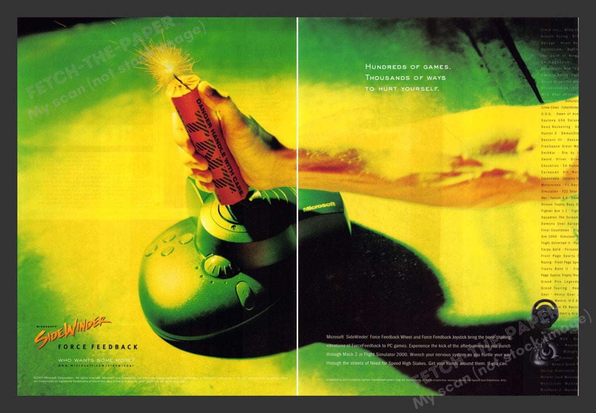 SideWinder "Force Feedback" 1990s Video Game Print Ad (2 pages) 1999 — Fetch-the-Paper