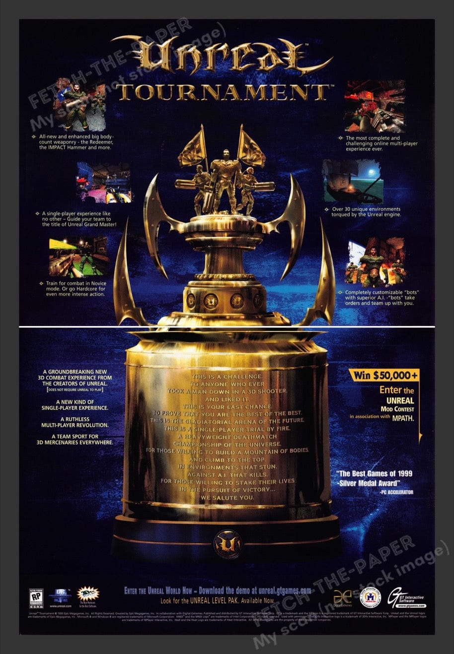 1999 Unreal: Tournament Video Game Print Advertisement (2 Pgs) — Fetch-the-Paper