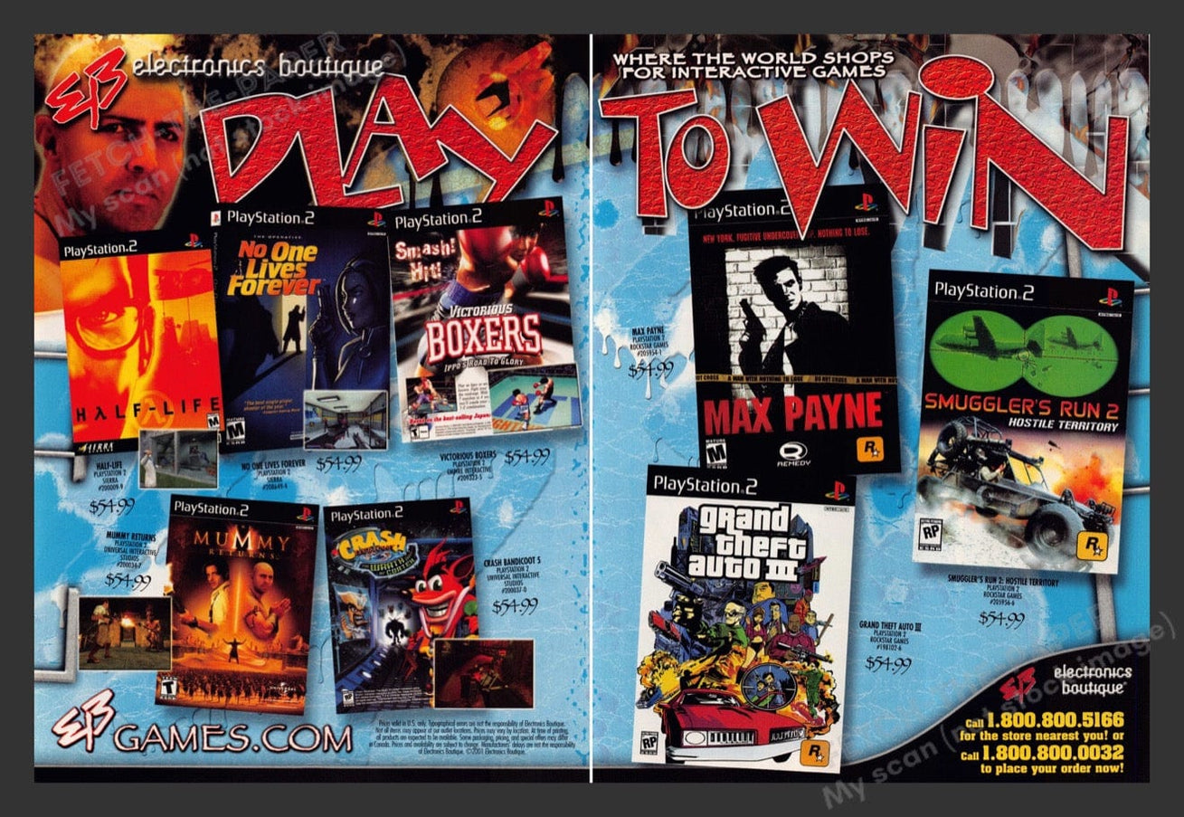 2001 EB Games "Play Hard" GTO PS2 Crash Video Game Print Ad (2 pgs ...
