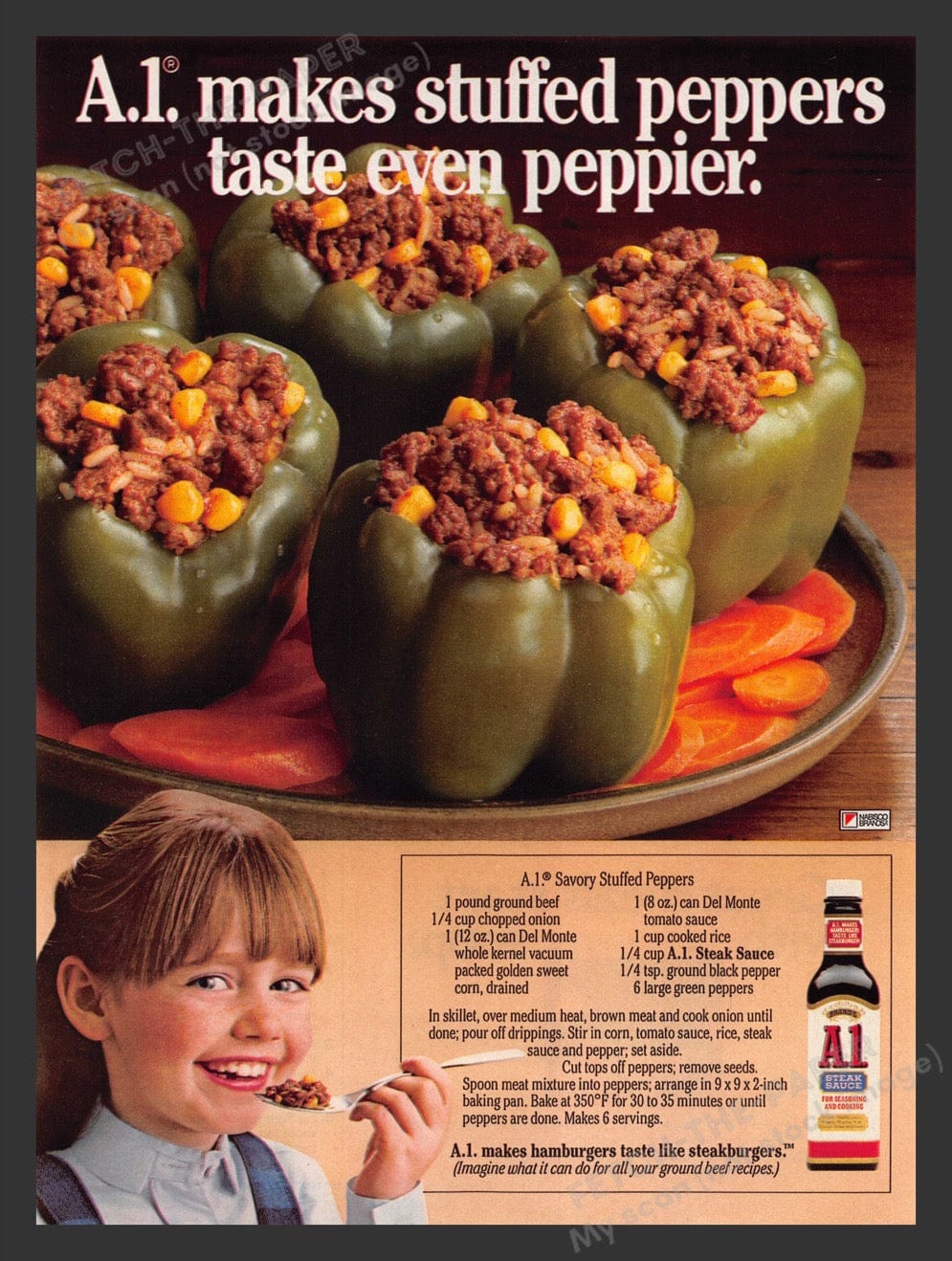 A1 1980s Print Advertisement Ad 1987 "Savory Stuffed Peppers" Recipe — Fetch-the-Paper