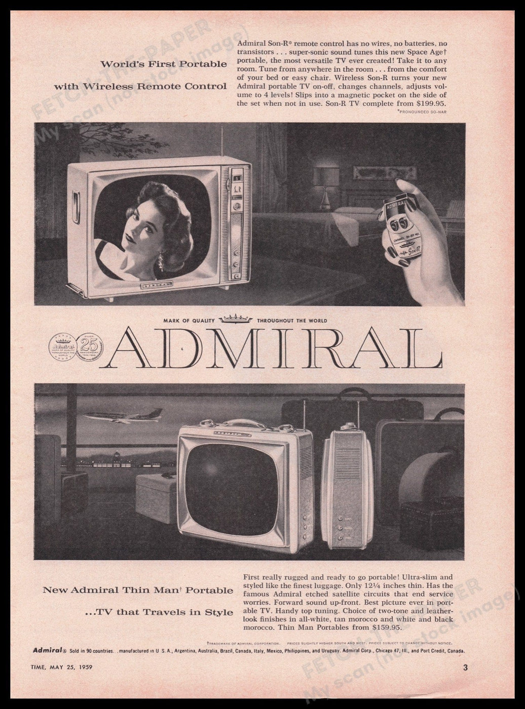 Admiral Son-R Wireless Remote TV 1959 Vintage Print Ad — Fetch-the-Paper