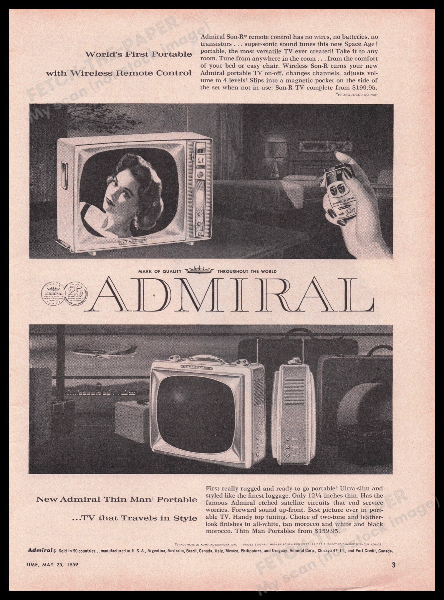 Admiral Son-R Wireless Remote TV 1959 Vintage Print Ad — Fetch-the-Paper