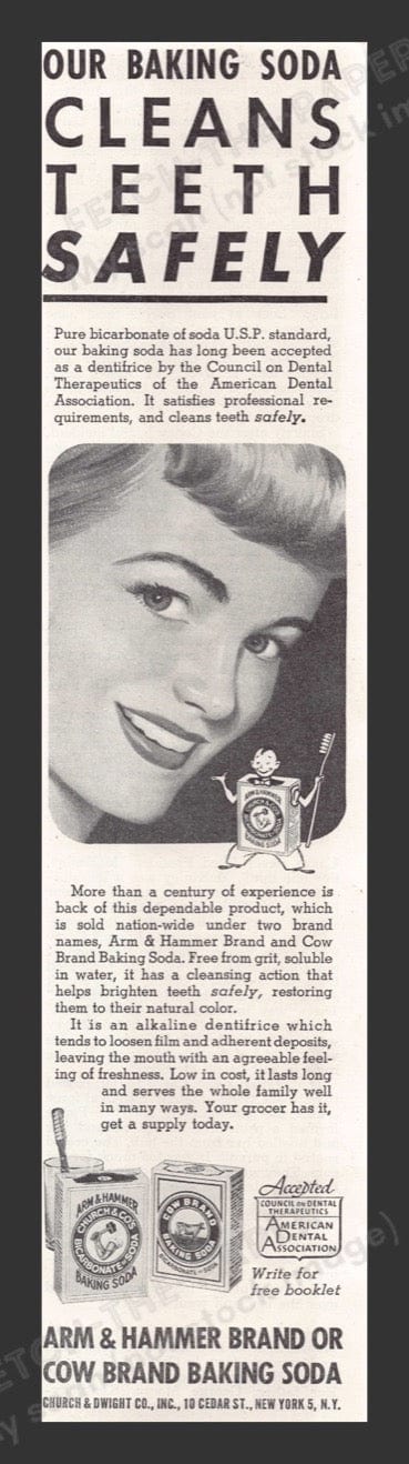 Arm & Hammer Baking Soda Cleans Teeth Safely 1940s Print Advertisement ...