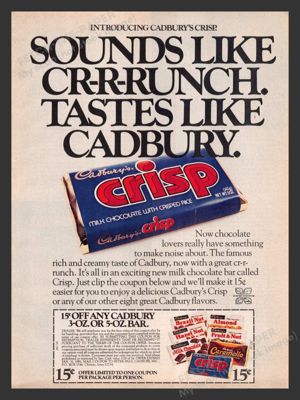 Cadbury's Crisp Candy Bar 1980s Vintage Print Ad 8"x11" — Fetch-the-Paper