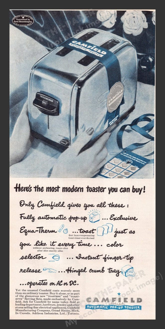 Camfield Automatic Pop-up Toaster 1948 Vintage Print Ad — Fetch-the-Paper