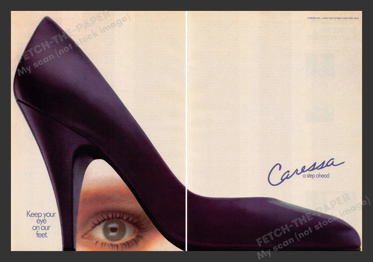 Caressa Shoes 1980s Print Advertisement Ad (2 pages) 1983 — Fetch-the-Paper