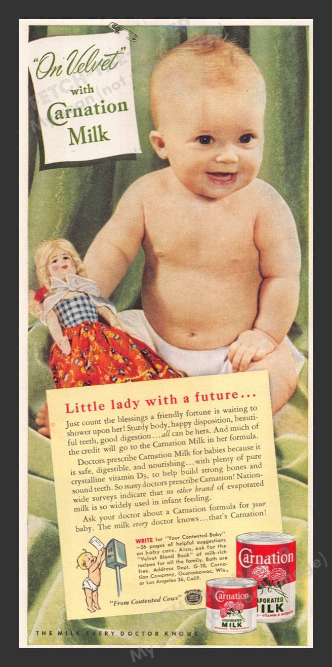 Carnation Evaporated Milk Baby with Doll 1940s Print Advertisement Ad ...