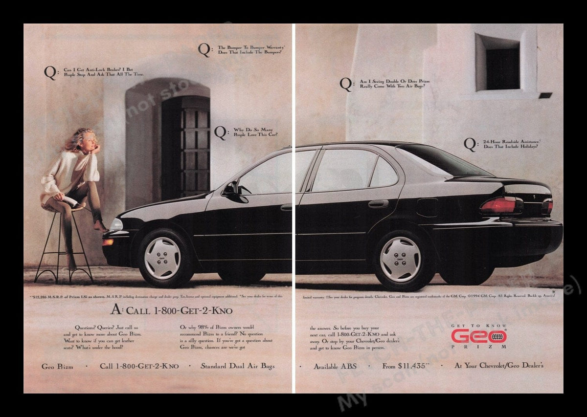 Chevrolet Geo Prizm Car 1990s Print Advertisement Ad (2 pages) 1994 ...