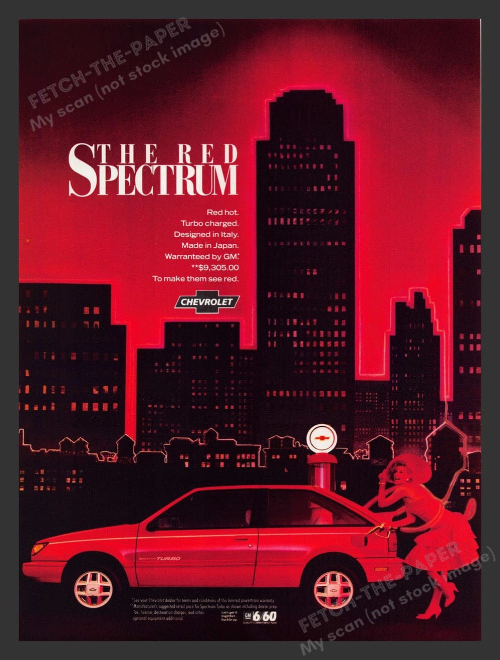 1988 Chevrolet Spectrum Turbo Red Cityscape Print Ad — Fetch-the-Paper