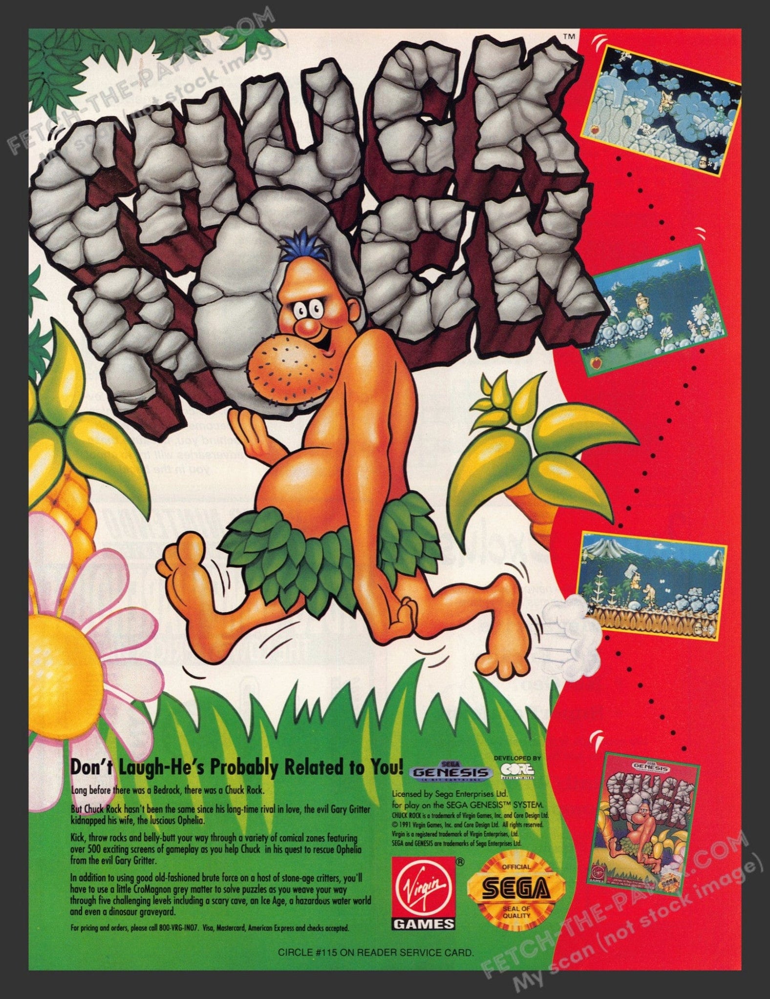 Chuck Rock Video Game 1990s Print Advertisement 1991 — Fetch-the-Paper