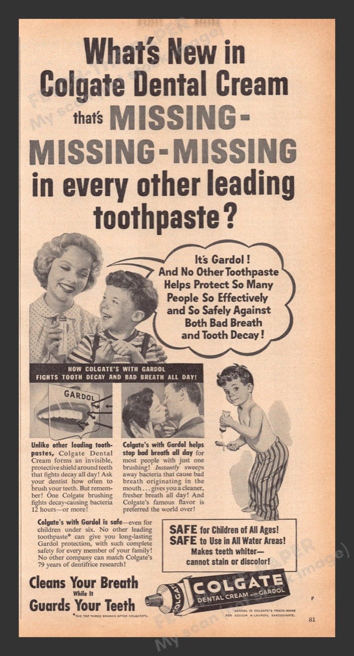 Vintage 1956 Colgate Gardol Print Ad - Little Boy Brushing Teeth ...
