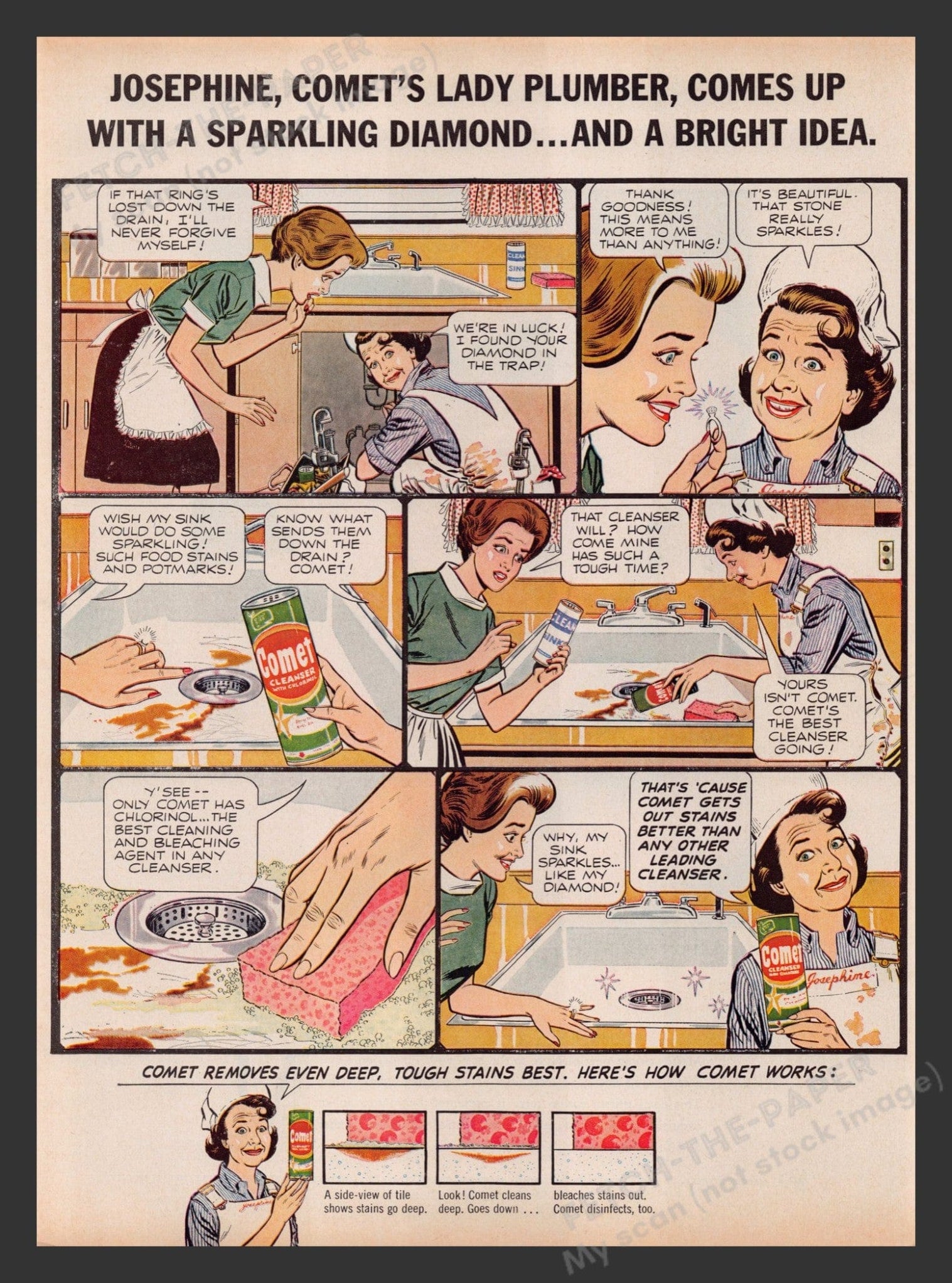 1964 Comet Ad - Josephine Lady Plumber Cartoon Clean Sink — Fetch-the-Paper