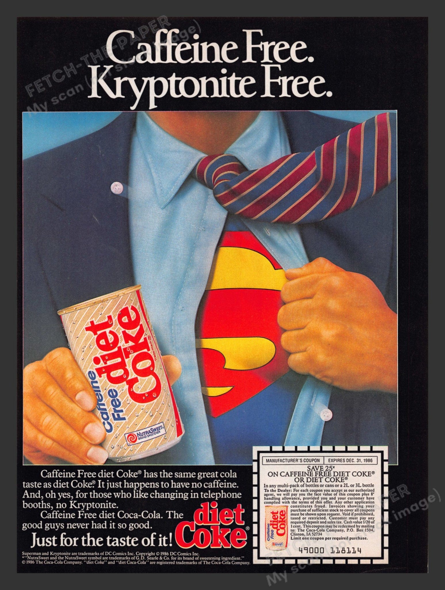 Diet Coke Caffeine Free Superman 1980s Print Advertisement Ad 1986 ...
