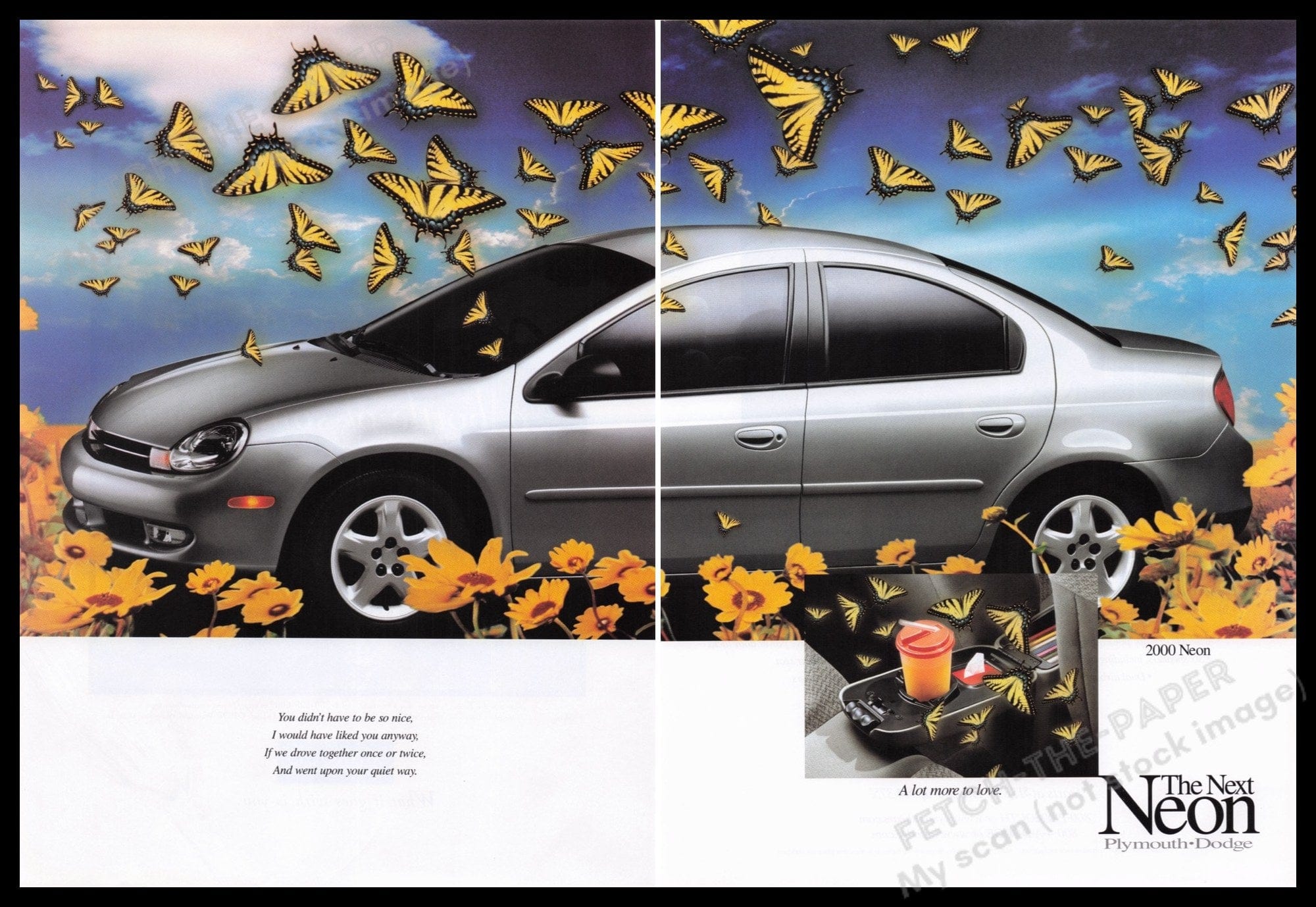 1999 Dodge Neon Print Ad - Butterflies & Flowers Scene — Fetch-the-Paper
