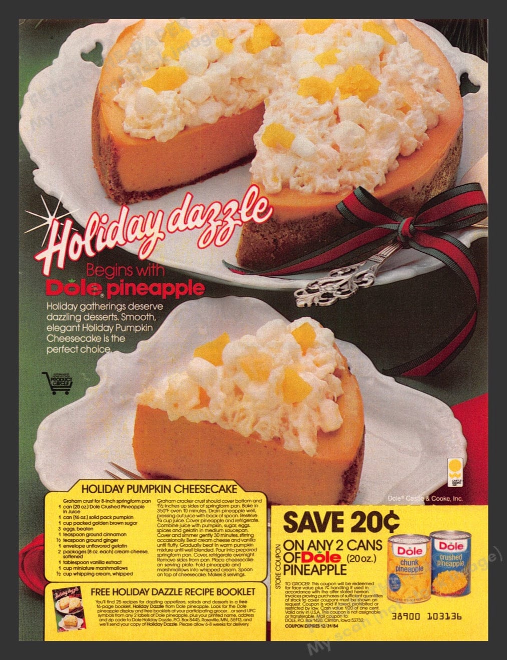Dole 1980s Print Advertisement 1983 Pineapple "Holiday Pumpkin Cheesec ...
