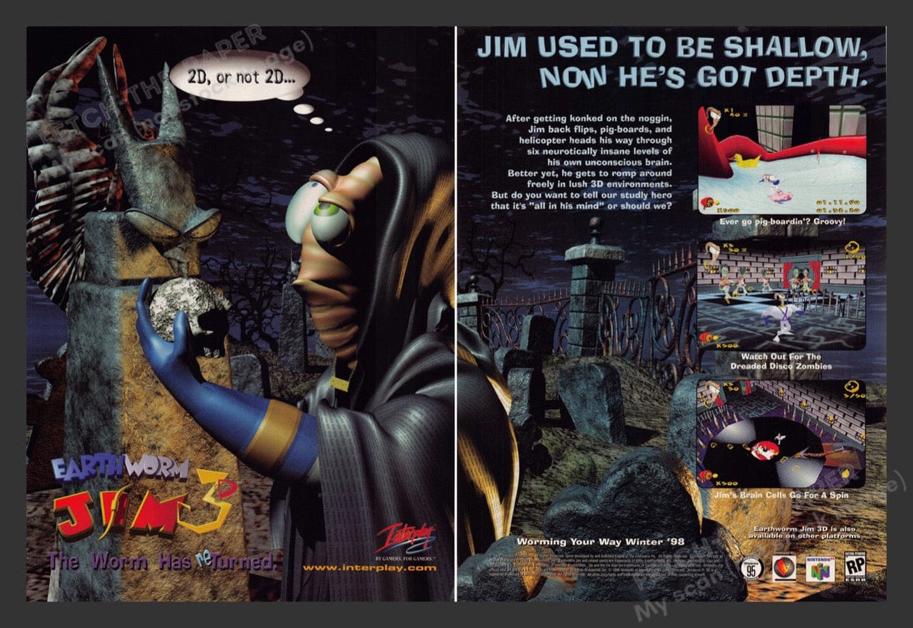 Earthworm Jim 3 "2D or not 2D" 1990s Video Game Print Advertisement (2 — Fetch-the-Paper