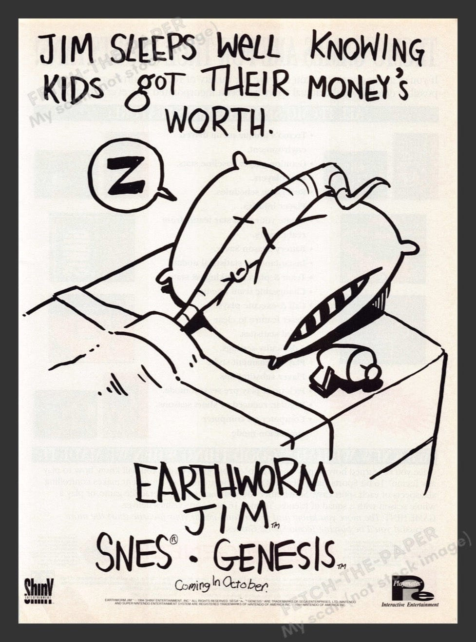 Earthworm Jim "Jim Sleeps Well" Video Game 1990s Print Advertisement A ...